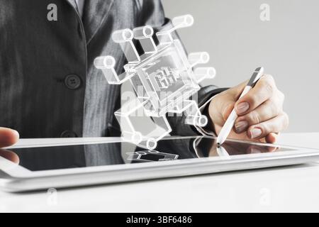 Female hands using graphics tablet and glass icons fly in air. Mixed ...