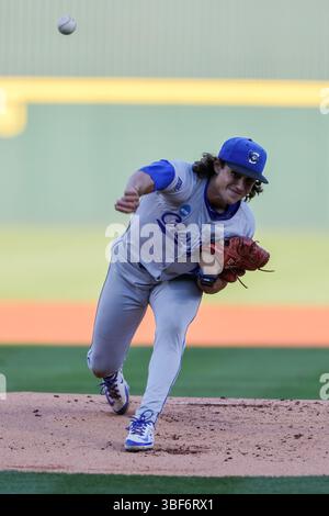 Creighton pitcher Dominic Cancellieri (55) throws against Kansas during ...
