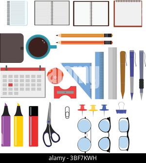 Workspace office tools set, essential graphic flat design Stock Vector ...
