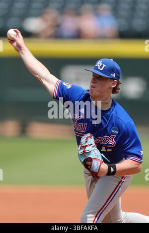 May 31, 2025: Kansas pitcher Alex Breckheimer (35) finishes up his ...