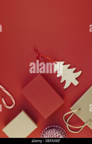 Festive packaging. Gift boxes, ribbon, wrapping paper and Christmas ...