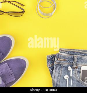 Square Flat lay of suede shoes, blue jeans, grey hat, cactus and ...