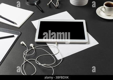Workplace, flat lay minimalist composition with laptop and coffee cup ...