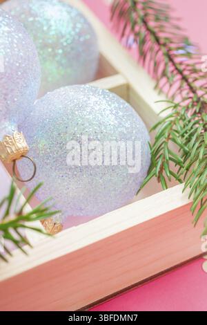 New year greeting postcard. A toy santa claus stands on a Christmas ...