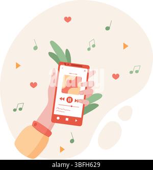 Hand holding mobile phone with music player app on screen Stock Vector ...