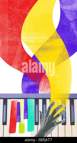 Collage of acoustic guitar, piano keys, lined paper, pencil and a sheet ...
