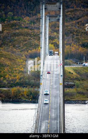 The Tjeldsund Bridge in the fog. Island Hinnoya, Norway Stock Photo - Alamy