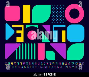 Bright alphabet. Colorful memphis poster, 90-80 style flyers design. 3D ...