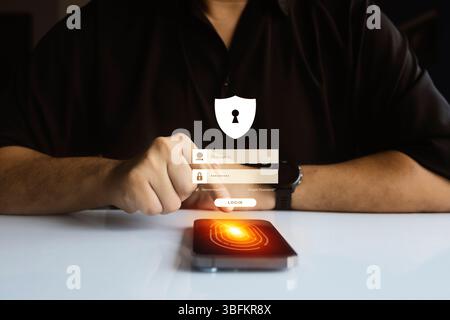 Man accessing secure login screen with fingerprint on smartphone ...