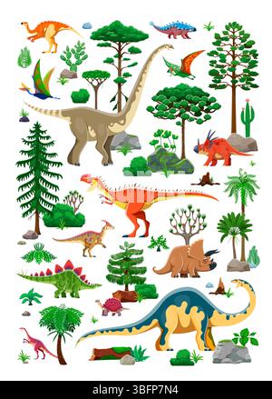 Prehistoric era dinosaurs characters, plants and waterfall, trees and ...