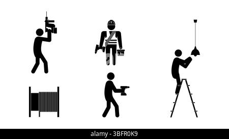 Set of stick figures, electrical work and installation, flat vector ...