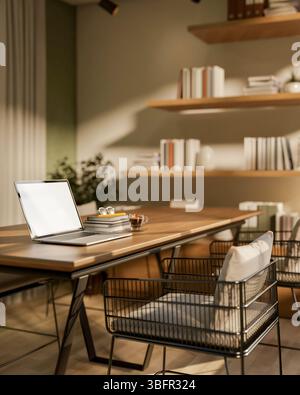 Wooden table with laptop and comfortable armchairs placed near ...