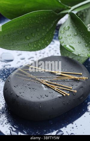 Acupuncture needles, wet spa stone and leaves isolated on white, top ...