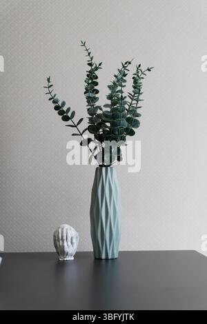 Eucalyptus branches on a light gray background close up. Copy space ...