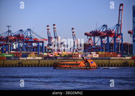 HADAG's harbour ferry MS Kehrwieder in front of the container gantry ...