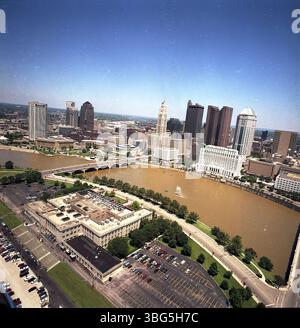 Aerial view of Columbus, circa 1990, highlighting the Scioto River and ...