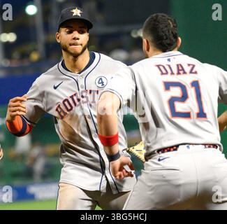 Houston Astros' Jeremy Peña (3) celebrates in the dugout after scoring ...