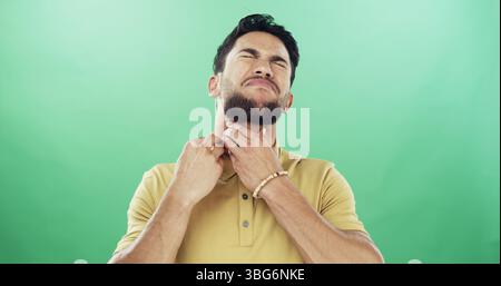 Dermatitis, neck and scratch with man on green background for allergic ...