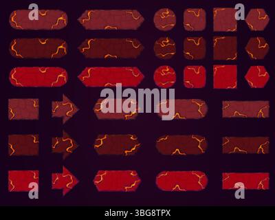 Lava stone ui game frame and volcanic button vector. Volcano eruption ...