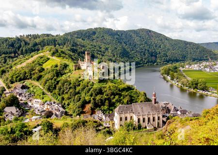 Hillside vineyard with lush greenery, distant mountains, and a small ...