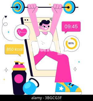 Virtual Fitness App Illustration Featuring People Enjoying Online ...