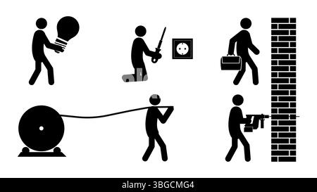 Set of stick figures, construction and repair. Work on the stairs, flat ...