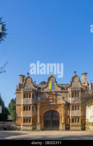 Entrance gate, Ukrainian Flag, Stanway House, Stanway, The Cotswolds ...