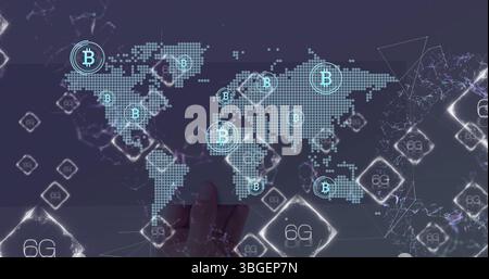 Image of connections and bitcoins over world map on blue background ...
