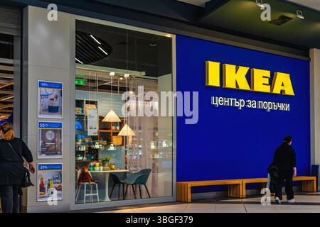 Blue IKEA building with famous bold yellow lettering Stock Photo - Alamy