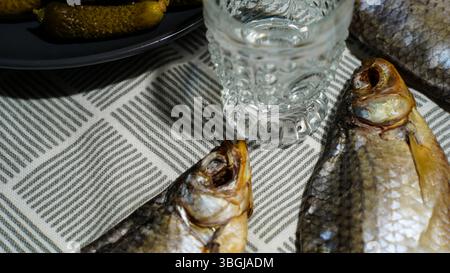 Traditional Russian Snack with Pickles, Dried Fish, and Vodka Stock ...