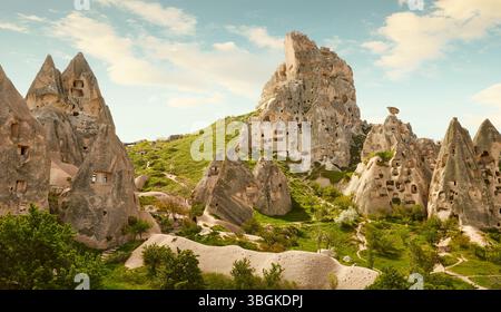 Panorama of ancient structures in Uchisar town in Cappadocia region ...