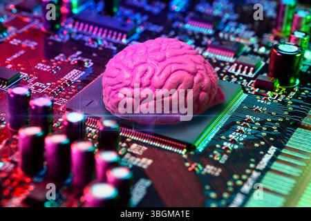 Human brain on a computer chip, artificial intelligence, photomontage ...
