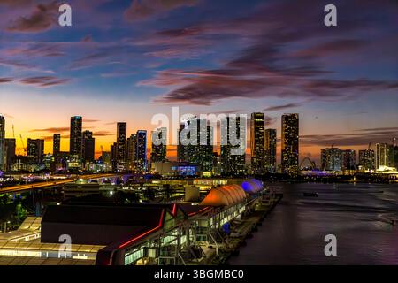 Sunset, view of Miami from a cruise ship, Miami, Miami-Dade County ...