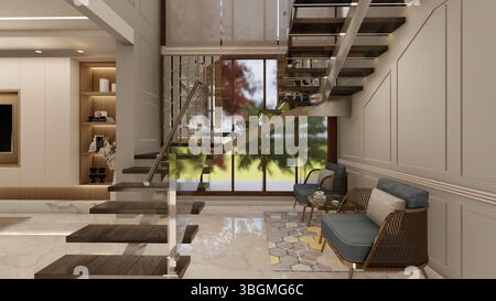 Modern Double Height staircase lounge with floating wooden stairs Glass ...