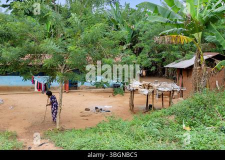 House and yard with sweeping woman, fireplaces, washing lines and ...