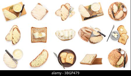 Collage of fresh bread with butter and spices on white background Stock ...