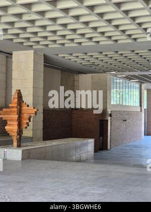 Entrance to a building built in the 80s. unusual ceiling and wooden ...