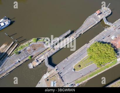aerial view of teddington locks on the river thames in the london ...
