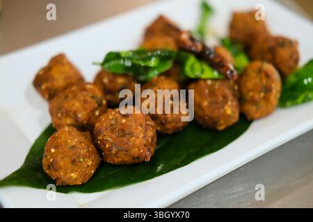 Lab Moo Tod or Crispy Larb Moo, Meatball of chopped pork mix with Thai ...