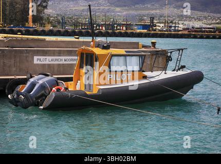 A Marshall Islands pilot boat is docked, during its service in Majuro ...