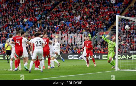 Wales' Joe Rodon scores their side's first goal of the game during the ...