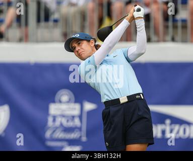 Azahara Munoz tees off on the 4th hole during the first round of the ...