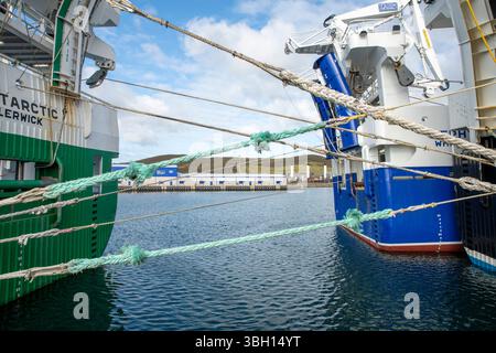 Fishing boats moored around Lerwick Fish Market at Mair's Quay ...