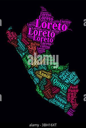 Peru regions map word cloud. Peru region names. Black and white map ...