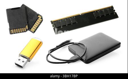 Different modern memory drives isolated on white, collage Stock Photo ...