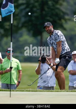 June 6, 2025: Dustin Johnson of 4Aces GC makes an approach shot to the ...