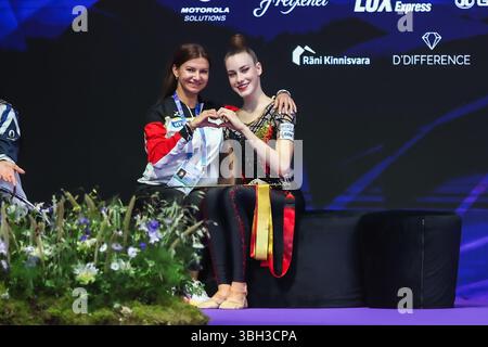 Darja Varfolomeev (Germany) with her coach Yulija Raskina at All-Around ...
