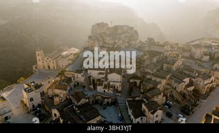 Drone view of Materas iconic rock-hewn church, Chiesa di Santa Maria di ...