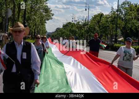 Budapest, Hungary - June 1, 2025: People carry 1848-meter national flag ...