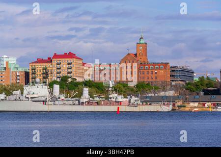 Gothenburg city skyline with HswMS Halland class destroyer Smaland and ...